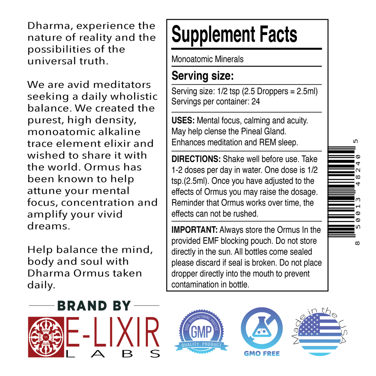 Dharma E-lixir Monoatomic Ormus 8oz bottle – E-Lixir Laboratories